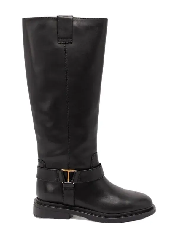 TWINSET Leather Boots With Gold Buckle Detail - Black