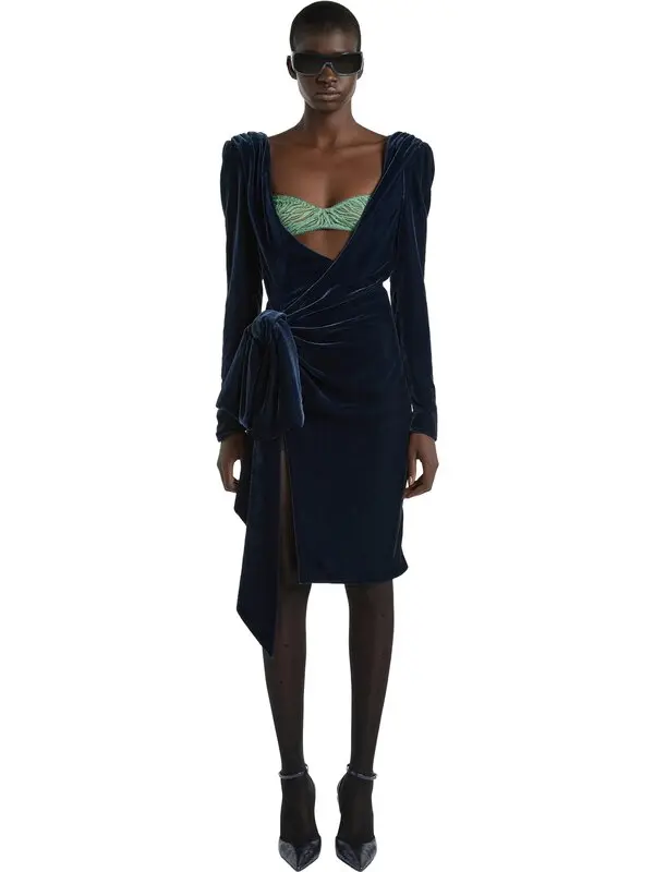 Balmain Velvet Dress With Lace Bra And Tie Detail - Blue