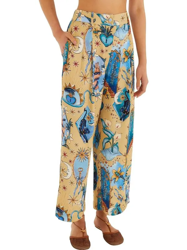 Farm Rio Mystical Printed Wide Leg Cropped Pants - Sand