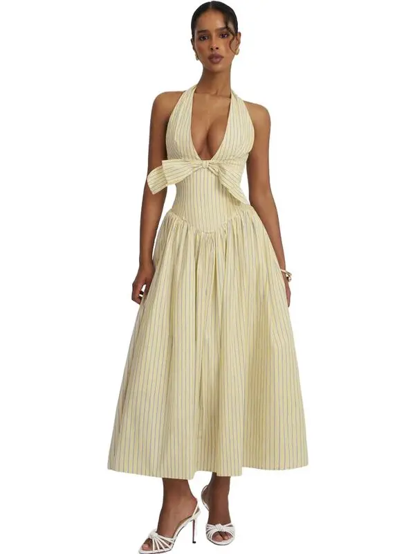 MISS CIRCLE NEW YORK Talise Cotton Poplin Stripe Plunging Halter Maxi Dress - Yellow