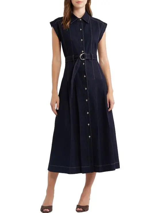 ZOE AND CLAIRE Cap Sleeve Belted Shirtdress - Denim
