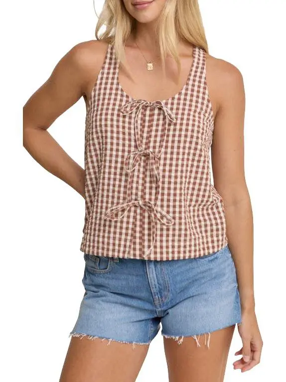 NOBODY'S CHILD Thea Gingham Tie Front Cotton Top - Brown