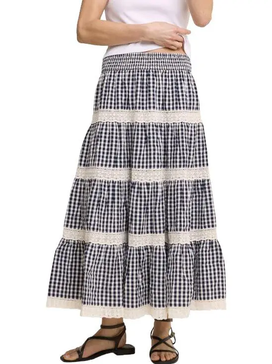 NOBODY'S CHILD Tiered Lace Trim Gingham Cotton Maxi Skirt - Black