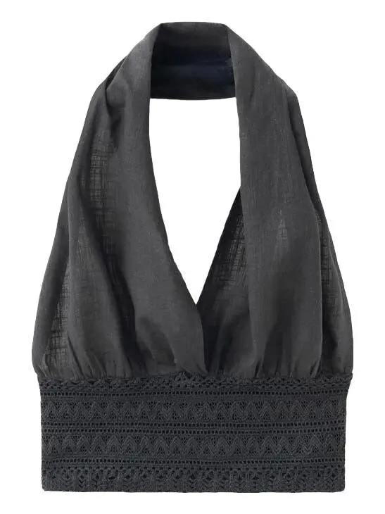 Mango Crochet Trim Cotton Halter Crop Top - Charcoal
