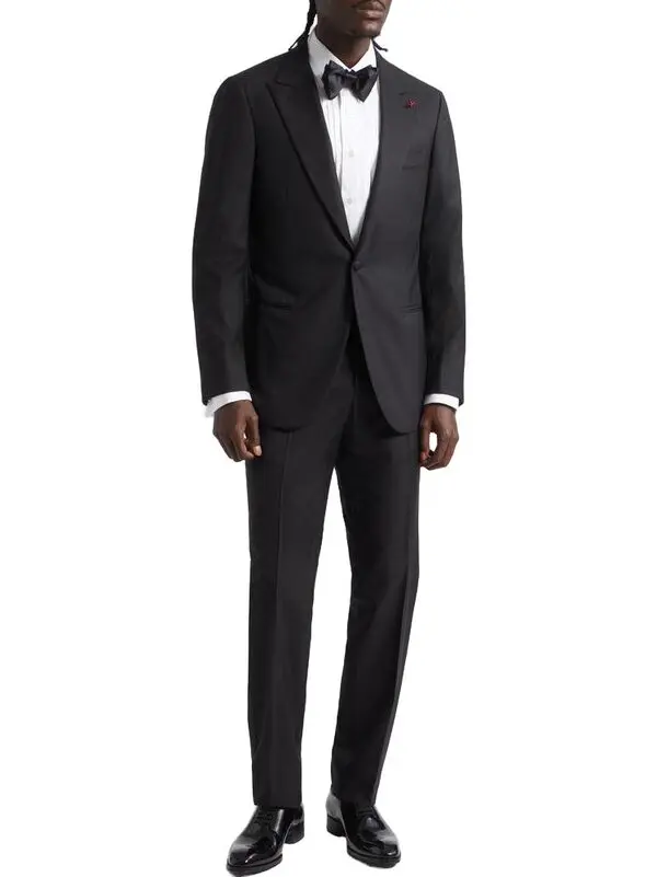 Isaia Sanita Super 160s Wool Peak Lapel Tuxedo - Black