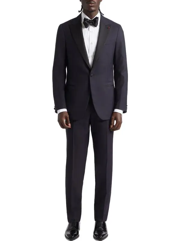 Isaia Sanita Super 160s Wool Peak Lapel Tuxedo - Navy