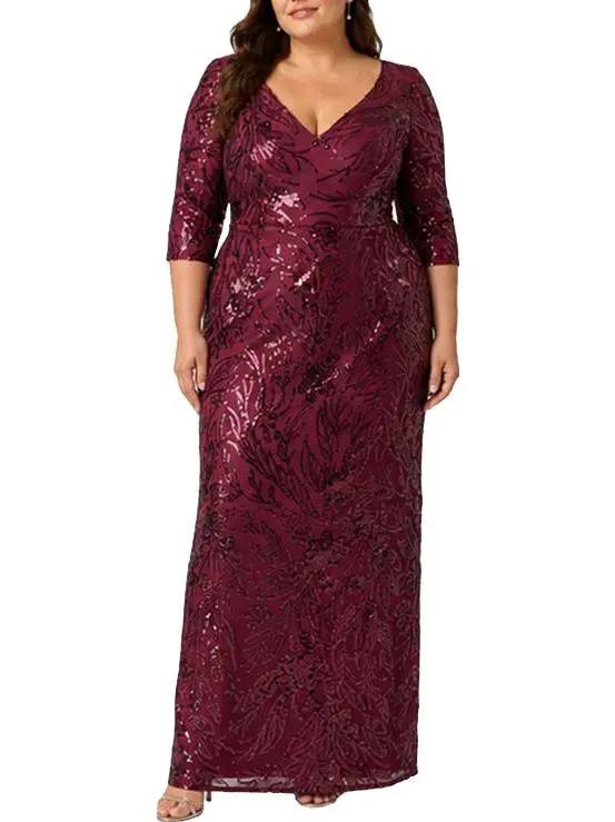 Adrianna Papell Sequined Botanical Motif V-neck Gown - Deep Wine