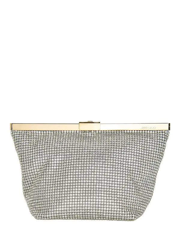 JIMMY CHOO Crystal Mesh Clutch With Gold Tone Clasp And Chain Strap - Silver/light Gold