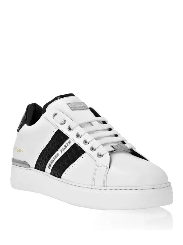Philipp Plein Low Top Leather Sneakers With Croc Effect Details - Black