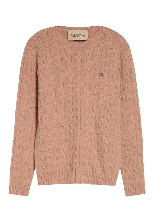 Valentino Garavani Vlogo Signature Cabled Virgin Wool Crewneck Sweater - Rose