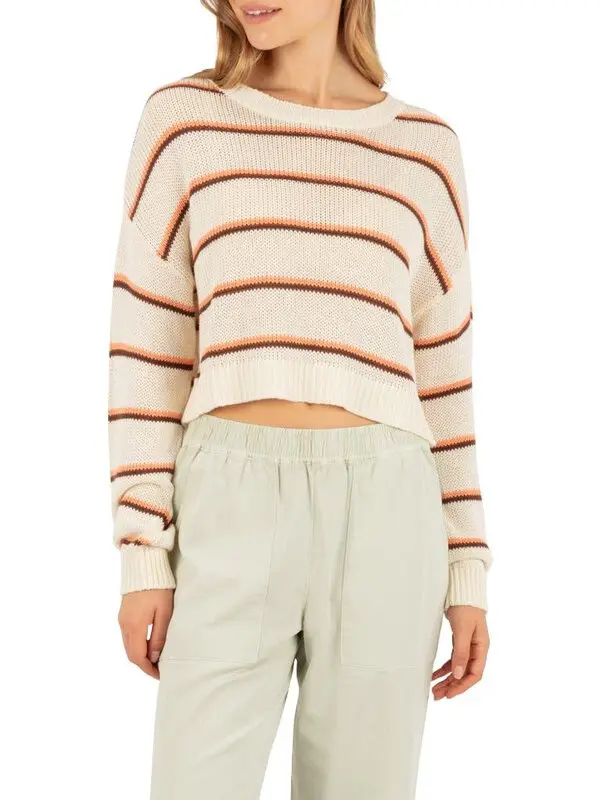Hurley Striped Cropped Open Knit Sweater - Cream