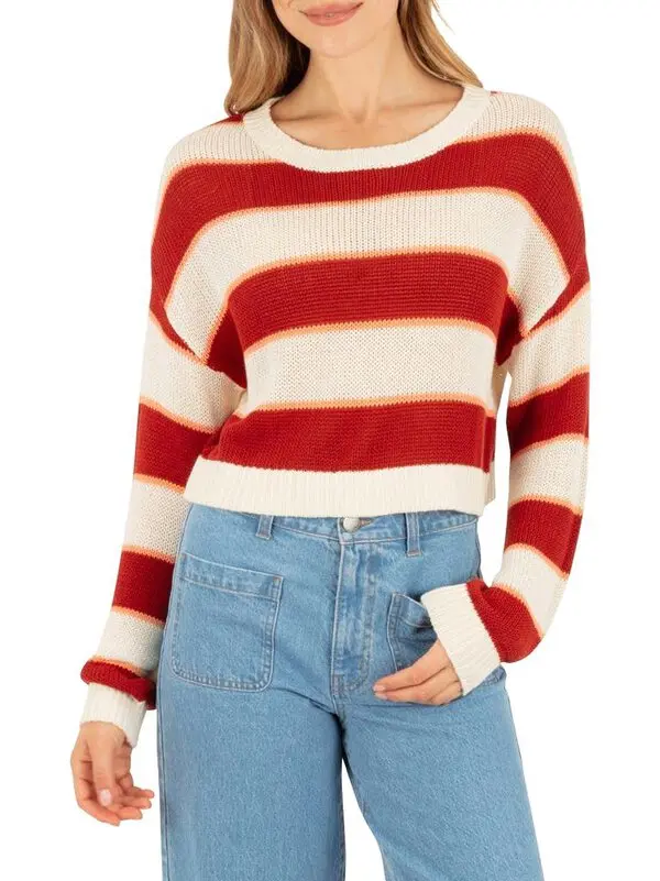 Hurley Striped Cropped Open Knit Sweater - Red Clay