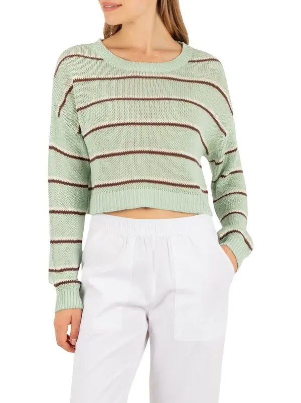 Hurley Striped Cropped Open Knit Sweater - Seafoam