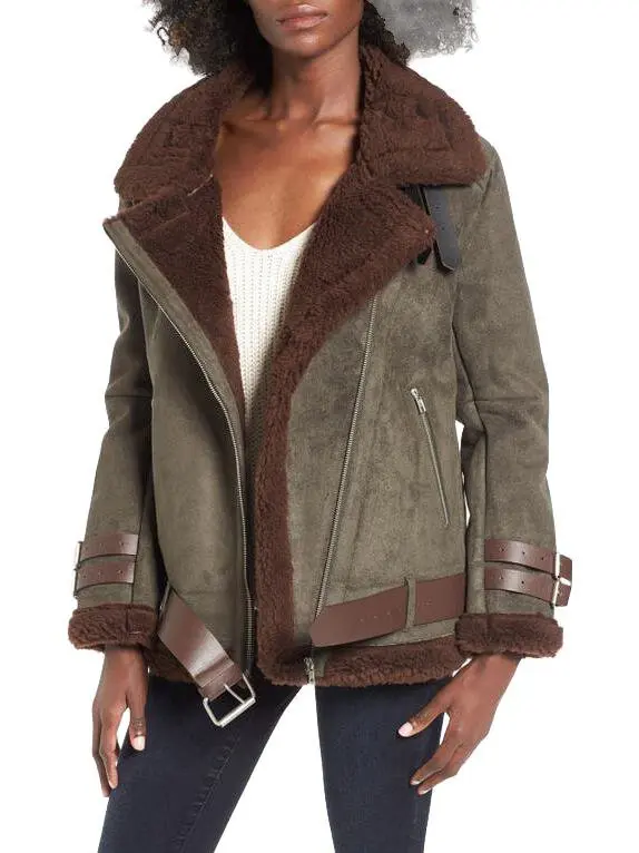 J.O.A. Faux Shearling Moto Jacket - Olive/brown