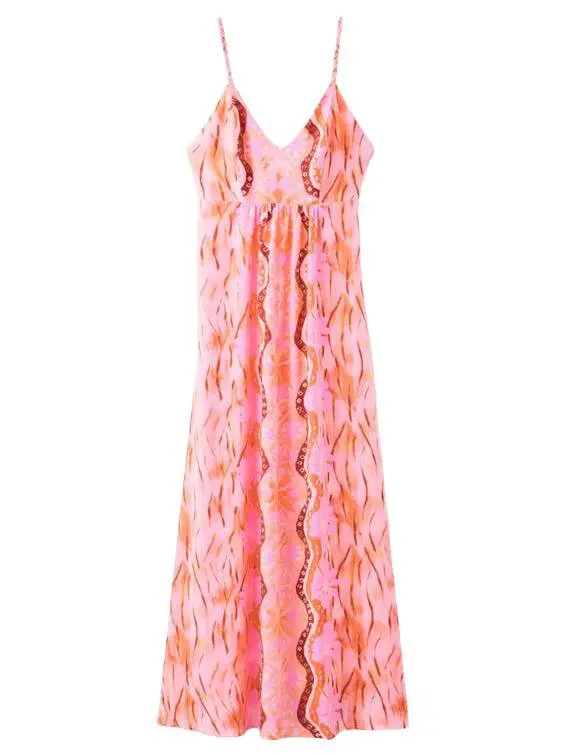 Mango Floral & Stripe Maxi Dress With Braided Straps - Peach
