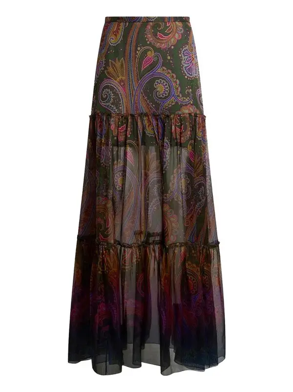 Etro Long Silk Skirt With Placed Paisley Print - Green
