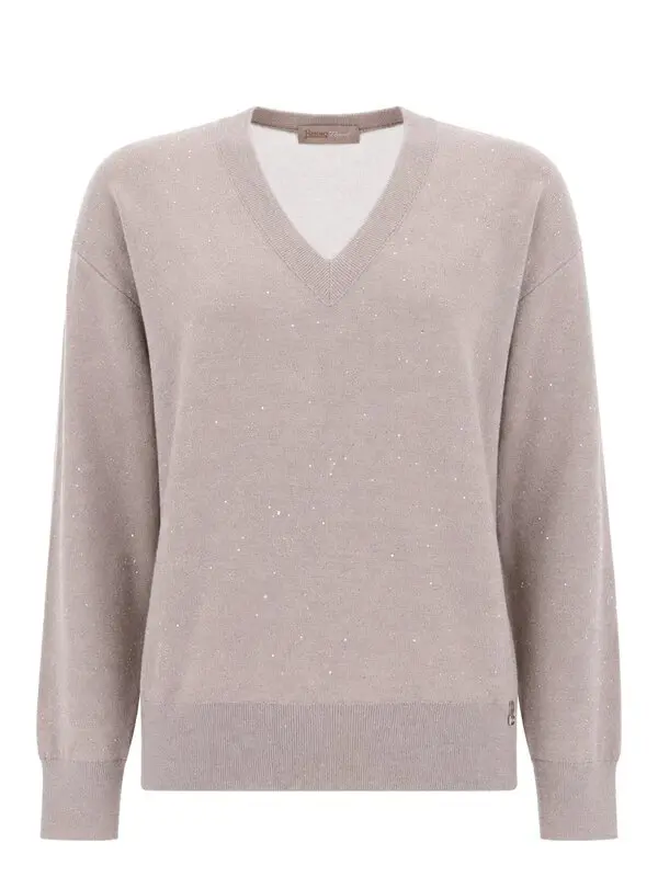 Herno V-neck Knit Top With Glitter Detail - Beige