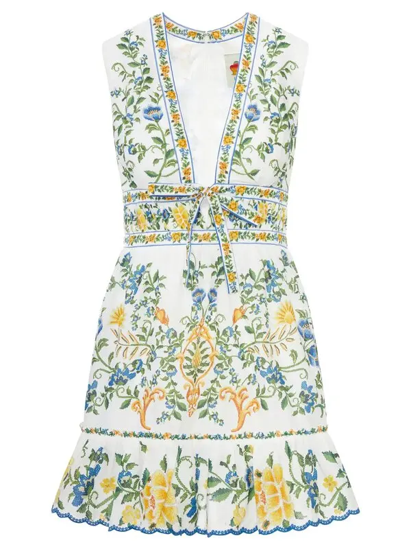 Farm Rio Floral Print V-neck Mini Dress - Bianco