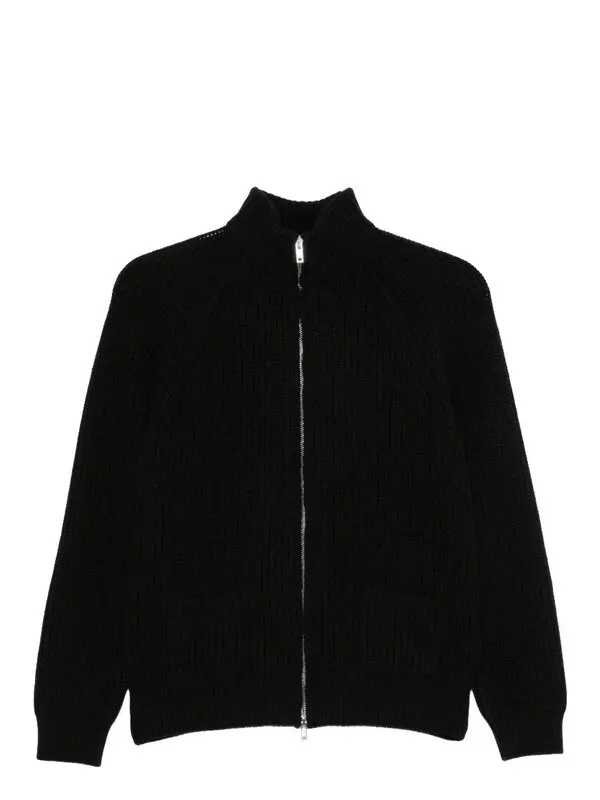 BASE Wool Zip-up Cardigan With Ribbed Texture - Black