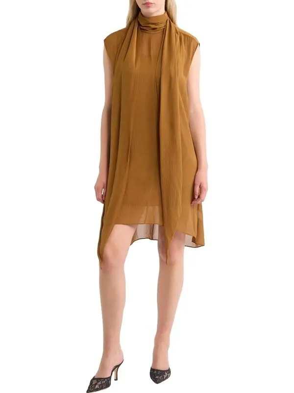 FRAME Sleeveless Silk Tie Neck Shift Dress - Bronze