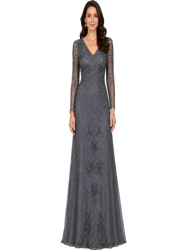 LARA NEW YORK Long Sleeve Beaded Maxi Gown - Grey