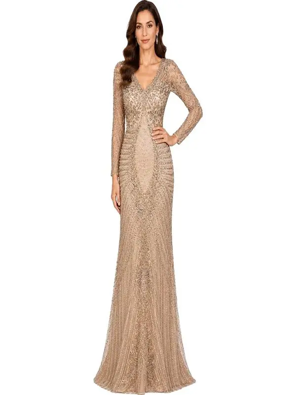 LARA NEW YORK Long Sleeve Beaded Maxi Gown - Nude