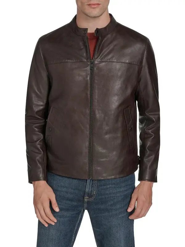 Andrew Marc Leather Racer Jacket - Dark Brown