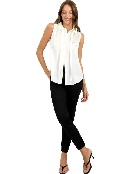 Trina Turk Cinzia Sleeveless Ruffle Neck Stretch Silk Satin Blouse - Whitewash