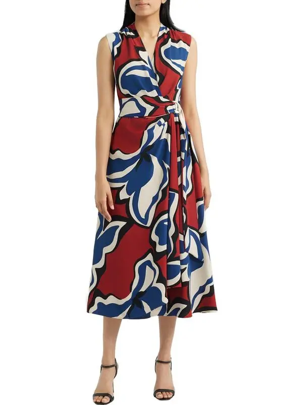 Anne Klein Sleeveless Surplice Wrap Midi Dress With Buckle Detail - Rust Multi