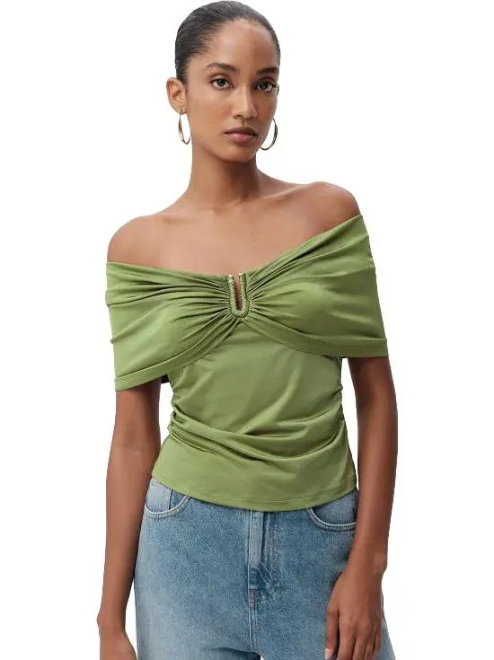 EXQUISE Artus Off Shoulder Knit Blouse With Metal Buckle - Khaki