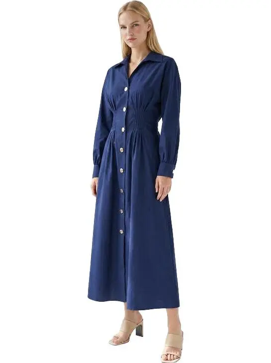 EXQUISE Delray Long Sleeve Buttoned Midi Dress - Navy