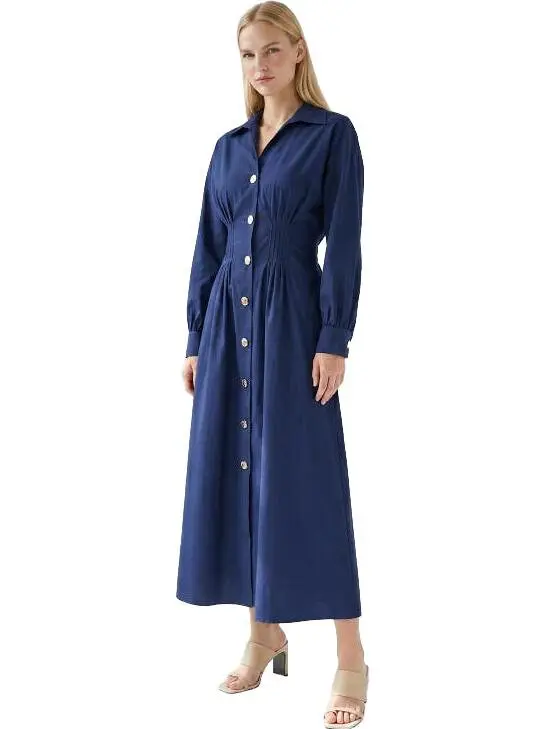 EXQUISE Delray Long Sleeve Buttoned Midi Dress - Navy