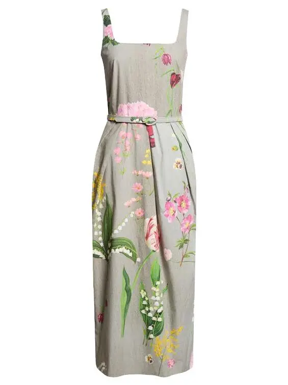 Oscar De La Renta Mixed Botanical Pleated Cotton Stretch Poplin Midi Dress - Grey Multi