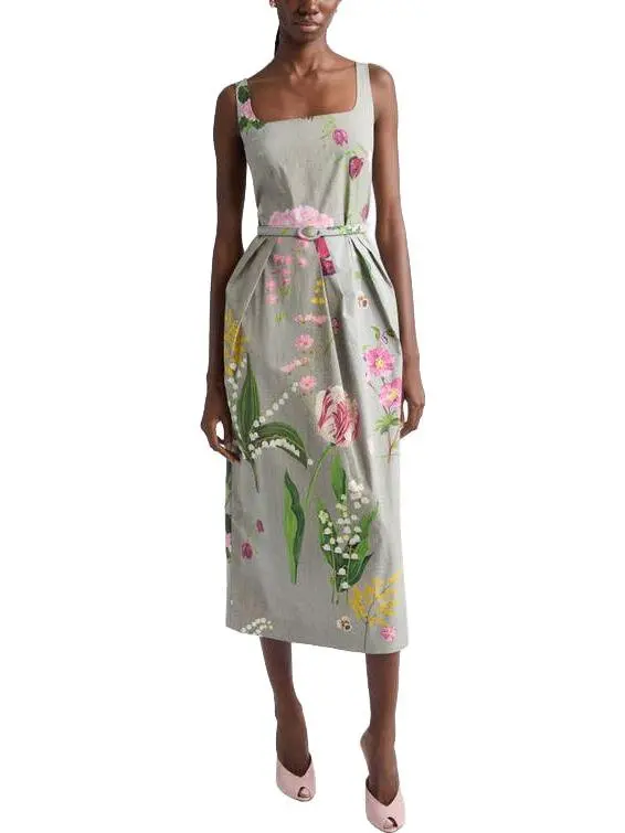 Oscar De La Renta Mixed Botanical Pleated Cotton Stretch Poplin Midi Dress - Grey Multi