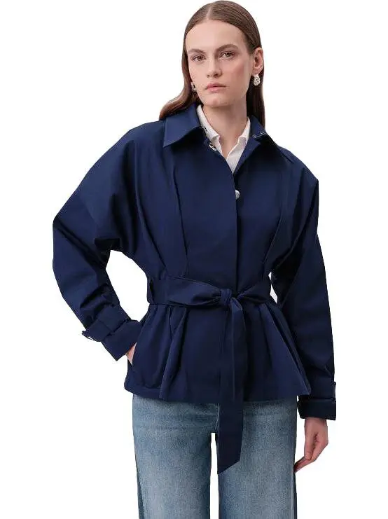 EXQUISE Notched Collar Pleated Belted Trench Coat - Navy