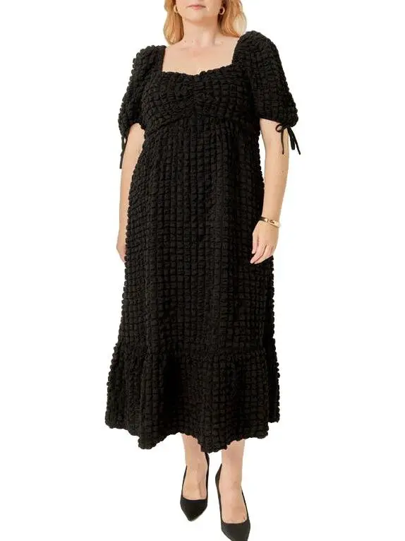 Endless Rose Textured Puff Sleeve Sweetheart Neck Midi Dress - Black