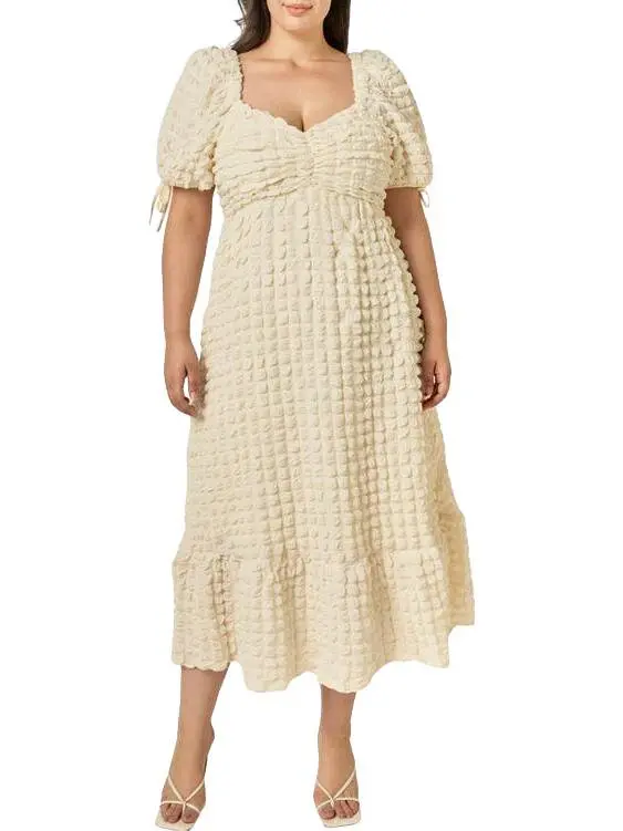 Endless Rose Textured Puff Sleeve Sweetheart Neck Midi Dress - Ivory