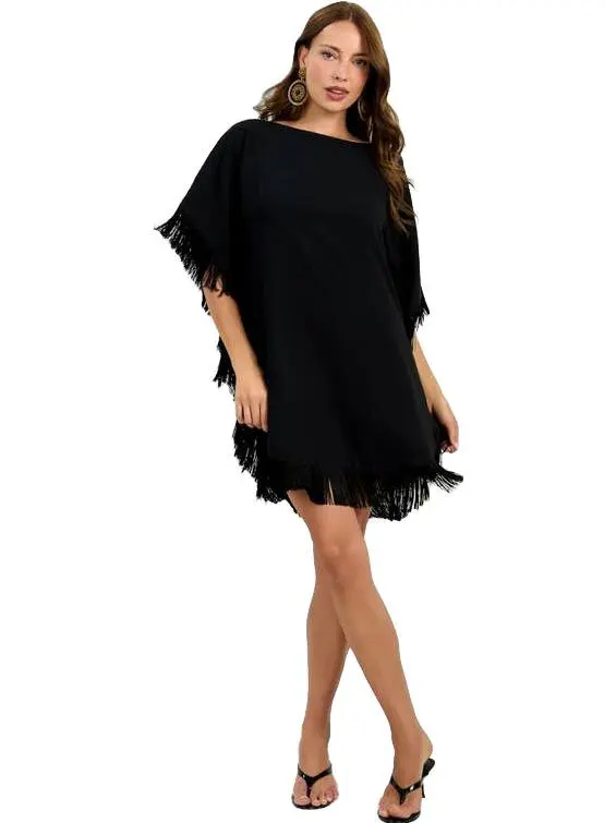Trina Turk Mini Neena Fringe Kaftan Dress - Black