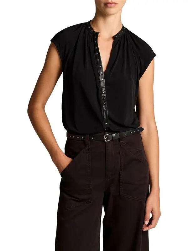 Vince Studded Matte Jersey Cap-sleeve Top - Black