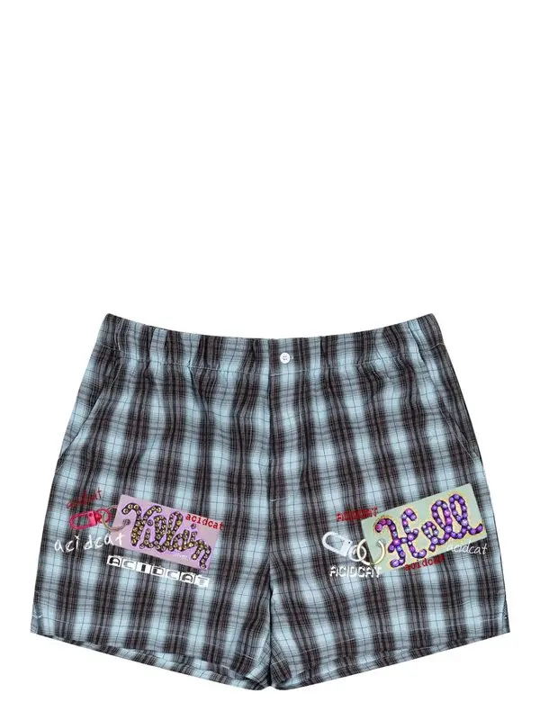 ACID CAT Plaid Boxer Shorts With Graphic Appliques - Blue