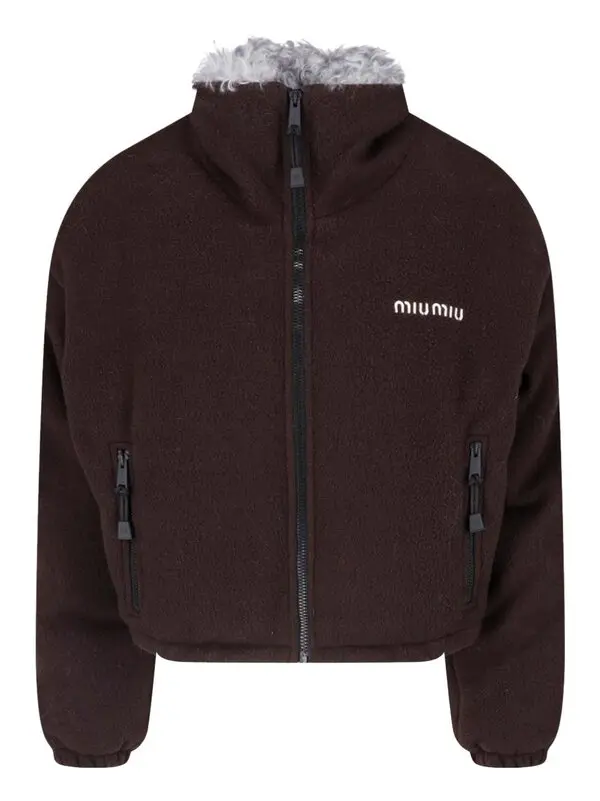 Miu Miu Fleece Zip Jacket With Logo Detail - Brown