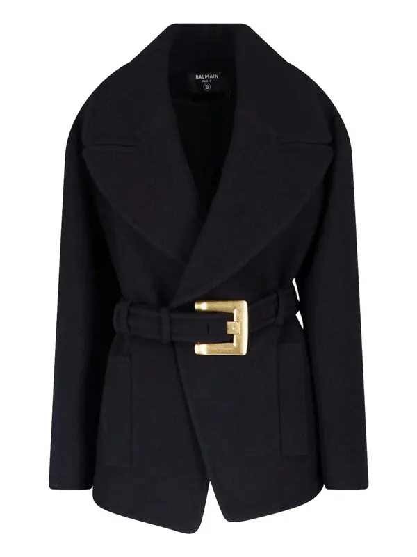Balmain Virgin Wool Belted Coat - Black