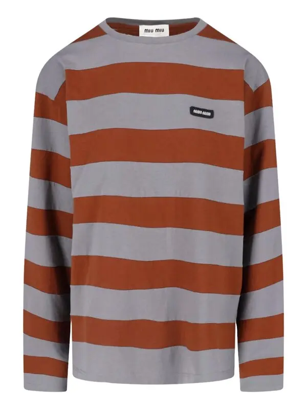 Miu Miu Striped Logo Long Sleeve T-shirt - Gray