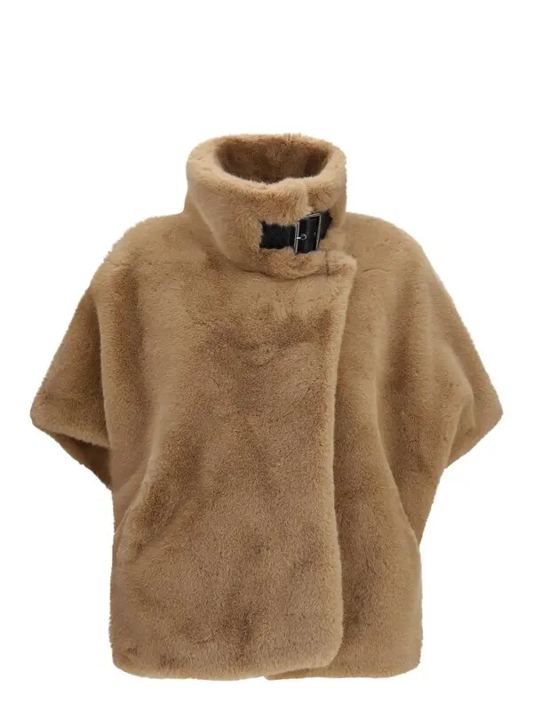 Pinko Faux Fur Jacket With Buckle Detail - Beige