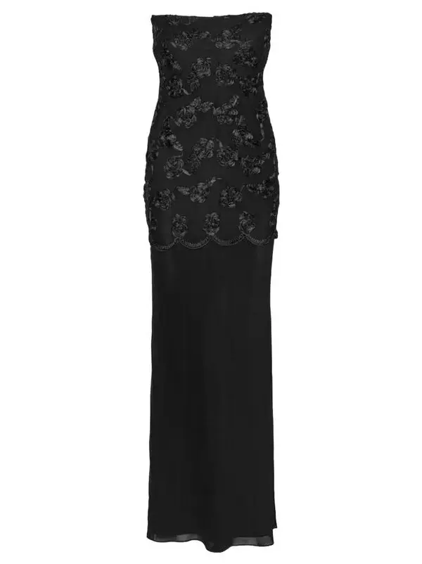 ROTATE BY BIRGER CHRISTENSEN Strapless Embroidered Floral Mesh Maxi Dress - Black