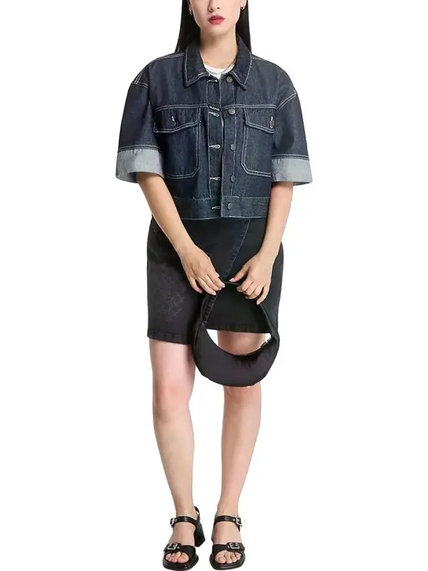 KARL KANI Cropped Denim Shirt With Contrast Stitching - Blue