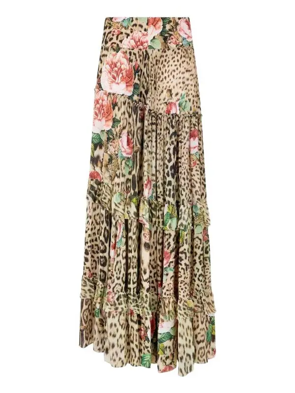 Roberto Cavalli Leopard-print Floral Motif Tiered Maxi Skirt - Neutrals
