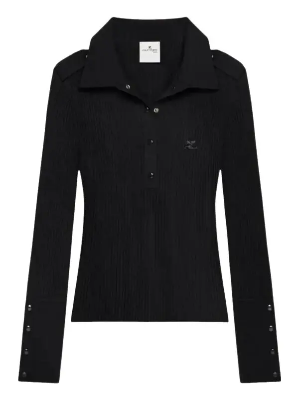 COURREGES Ribbed Knit Logo Detail Polo Shirt - Black