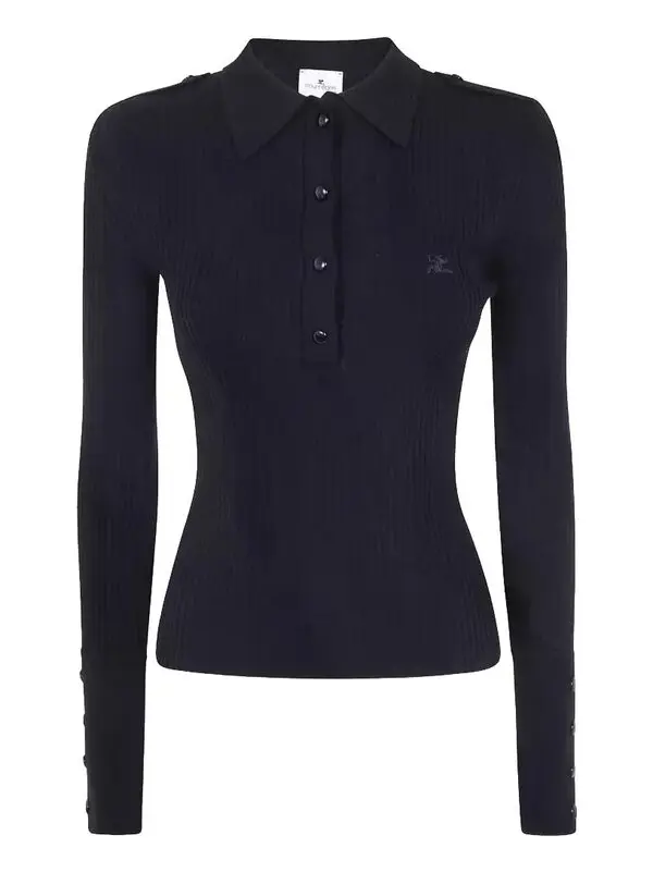 COURREGES Ribbed Knit Logo Detail Polo Shirt - Black