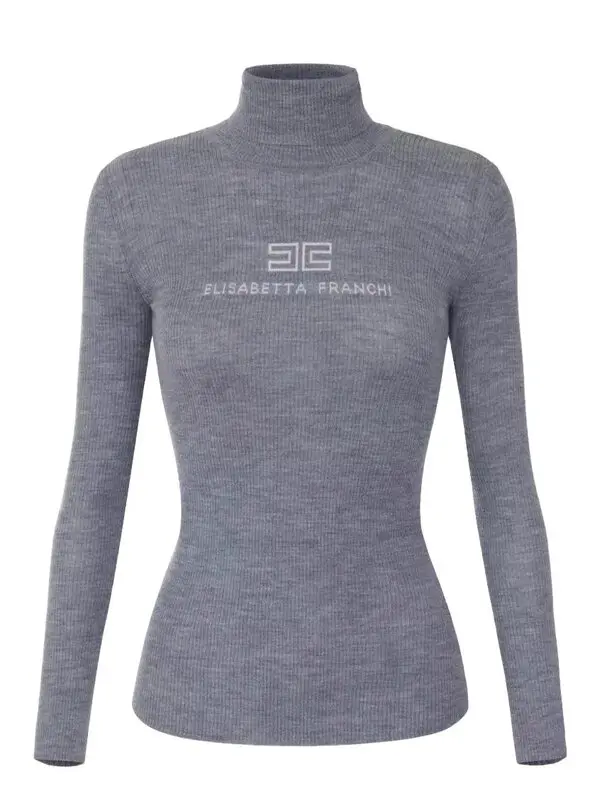 Elisabetta Franchi Ribbed Knit Turtleneck Top With Logo - Grey